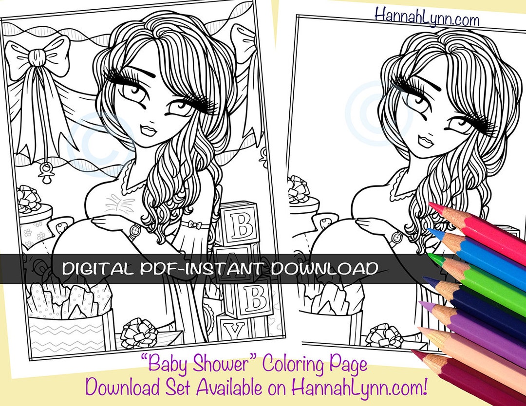 Baby Shower Coloring Page Set Adorable Pregnant Party Whimsy - Etsy
