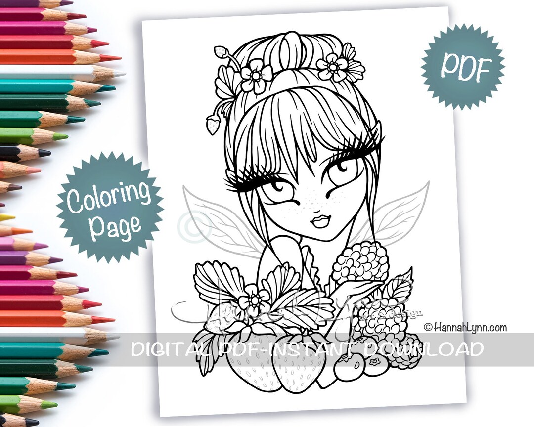 Berry Fairy Girl Strawberry Fruit Coloring Page PDF Download Printable ...