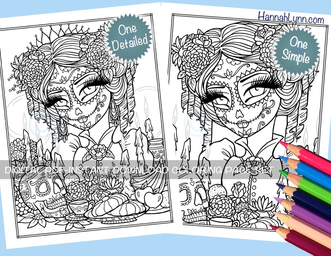 Day of the Dead Coloring Page Set Ofrenda Bonita Girls Sugar Skull ...