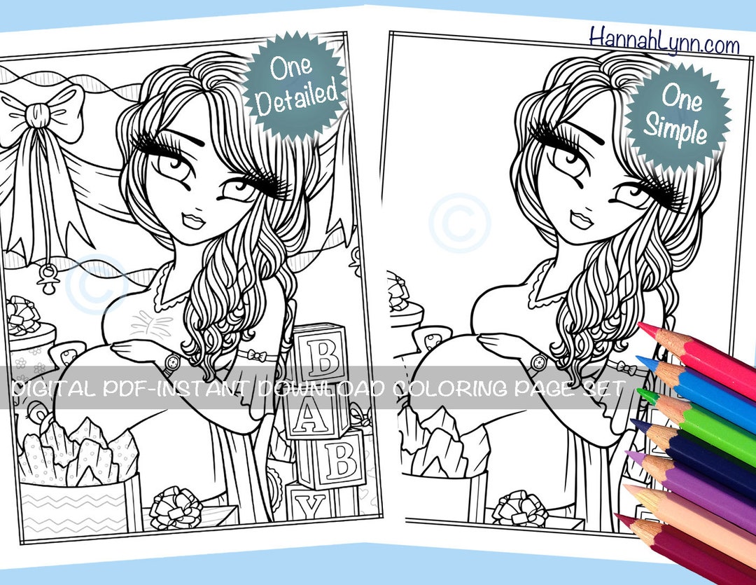 Baby Shower Coloring Page Set Adorable Pregnant Party Whimsy Girl ...