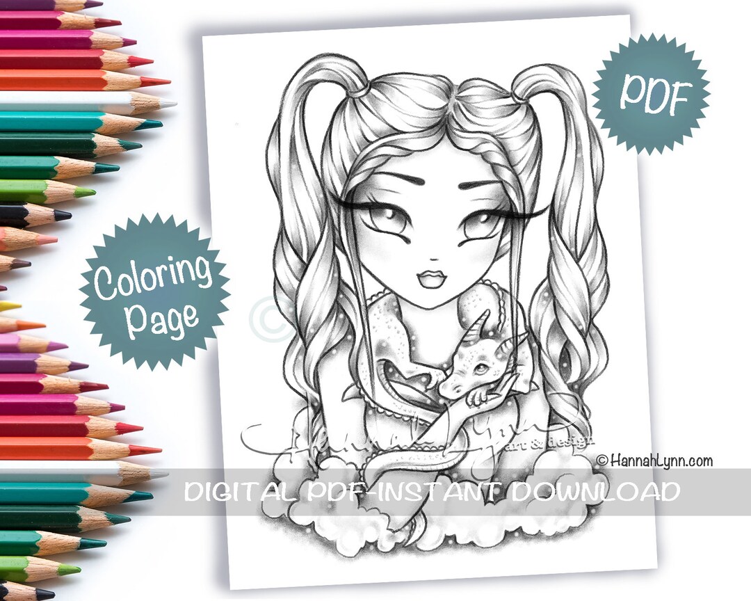 Grayscale Baby Dragon Happy Hatchling Girl Coloring Page PDF Download ...