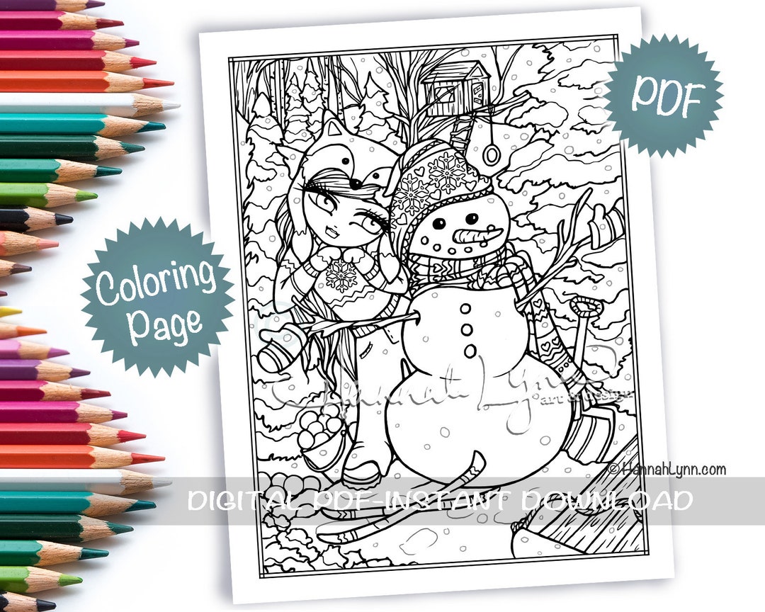 Snow Day Snowman Winter Girl Coloring Page PDF Download Christmas ...