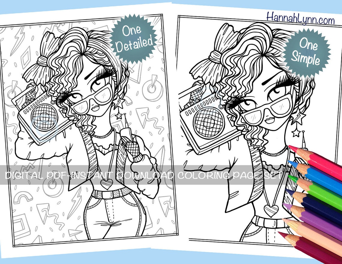 Boombox Baby 80's Music Coloring Page Set Cute Big Eye Whimsy Girls ...
