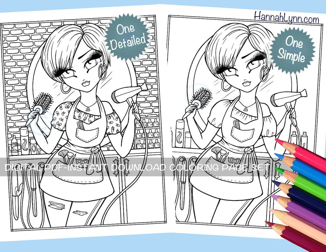 Hairdresser Coloring Page Set Salon Stylist Cosmetologist Whimsy Girls ...