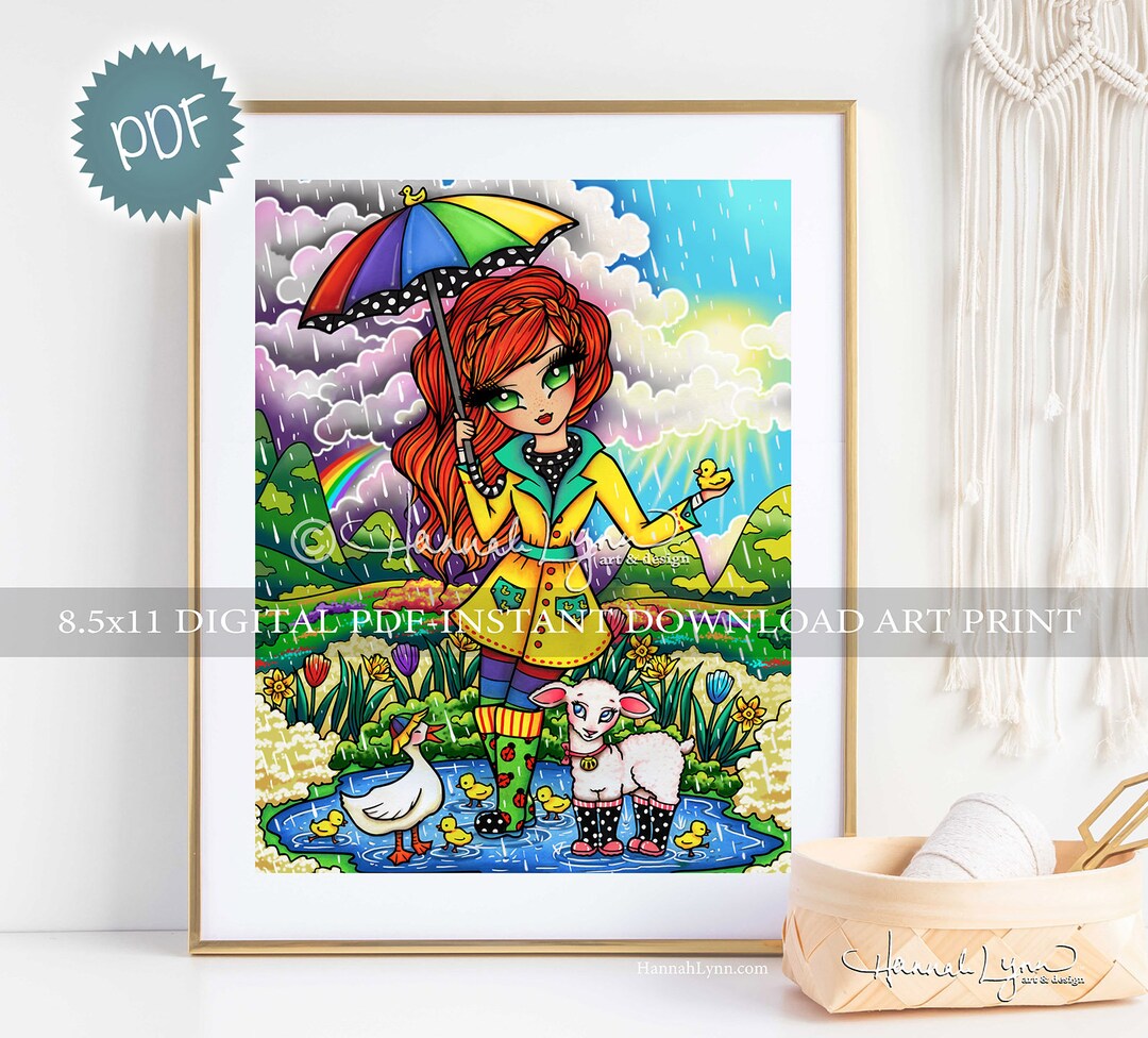 Rainy Day Duck Art Print PDF Download Printable Big Eye Whimsy Girls ...