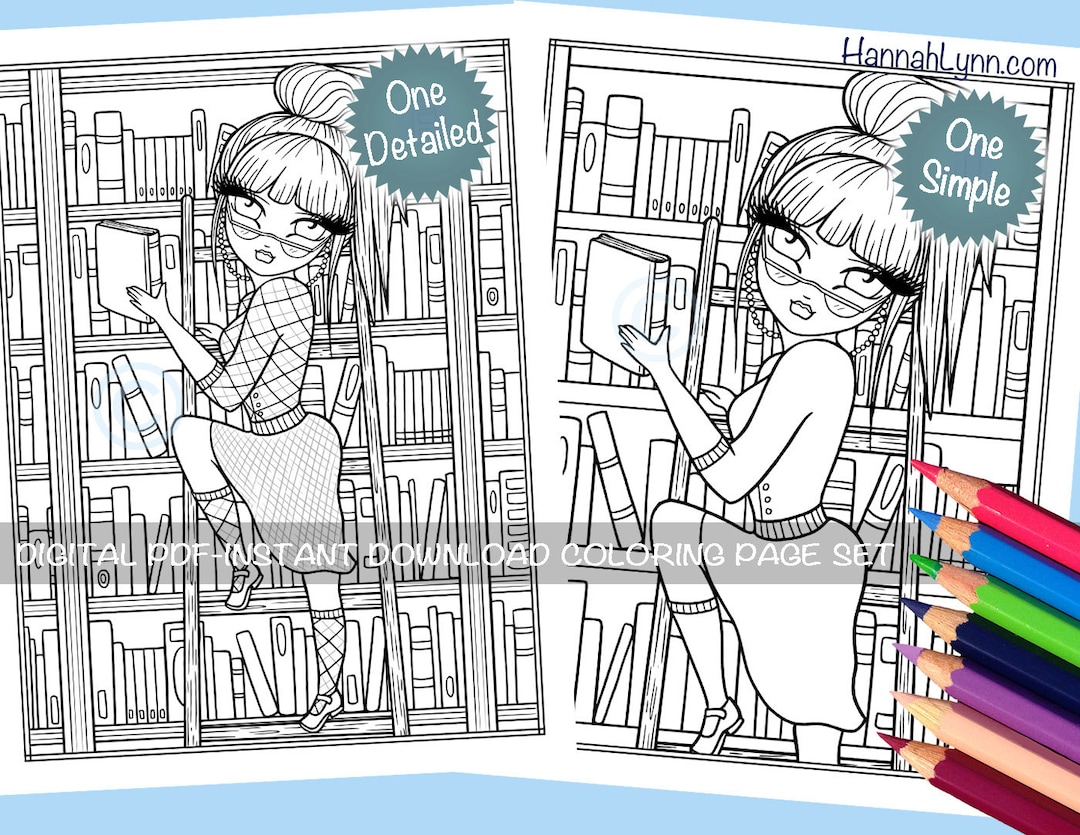 Laura's Library Coloring Page Set Adorable Librarian Books Whimsy Girls ...