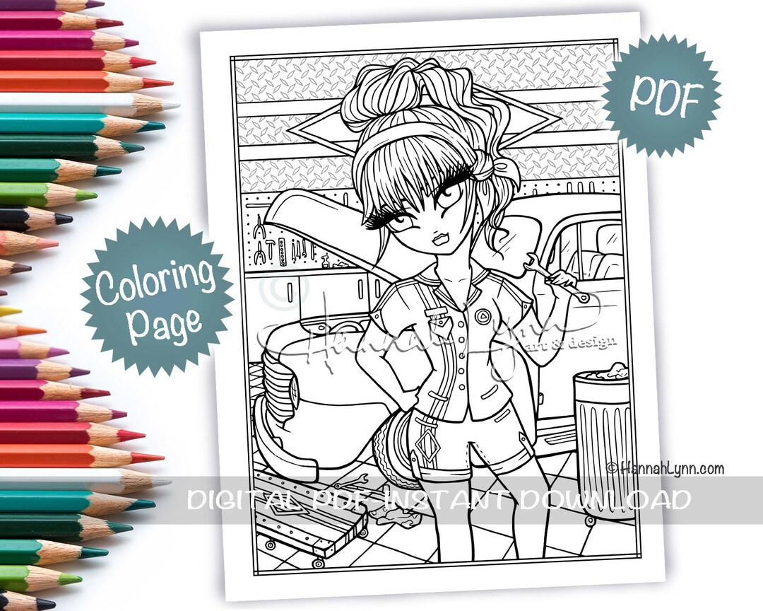 Car Mechanic Girl Coloring Page Cute Whimsy Girls at Work Career ...