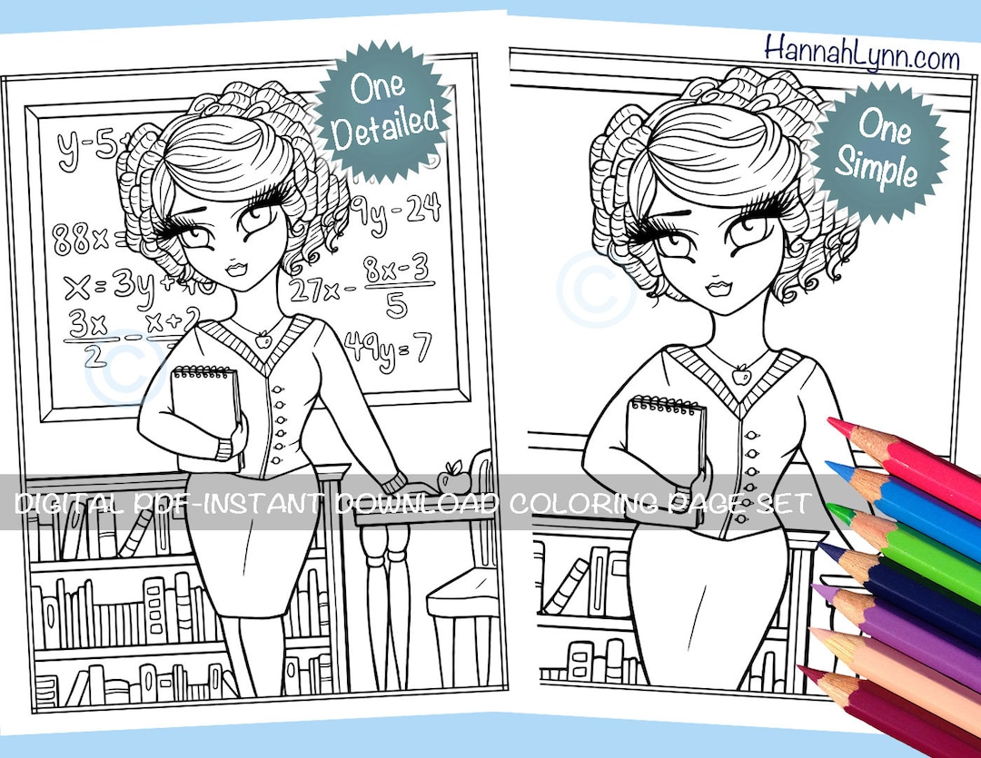 Teacher Coloring Page Set School Books Whimsy Girls at Work Career ...
