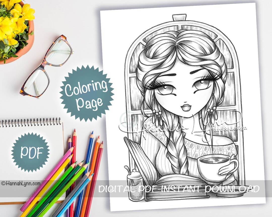 Grayscale Cafe Cutie Coffee Girl Coloring Page PDF Download Printable ...