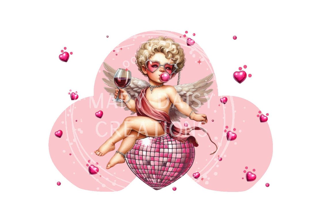 Cute Disco Ball Cupid Drinking Wine Sublimation Print Transfer Ready to ...
