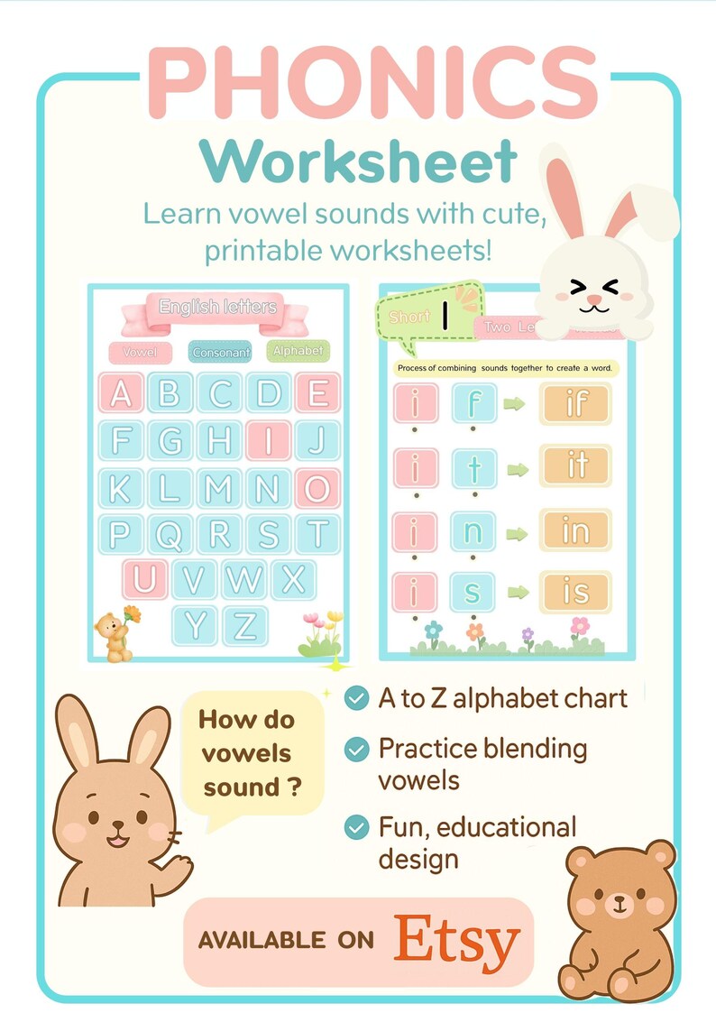 Phonics Worksheets Bundle | 65 Printable Pages | Short Vowels, Reading ...