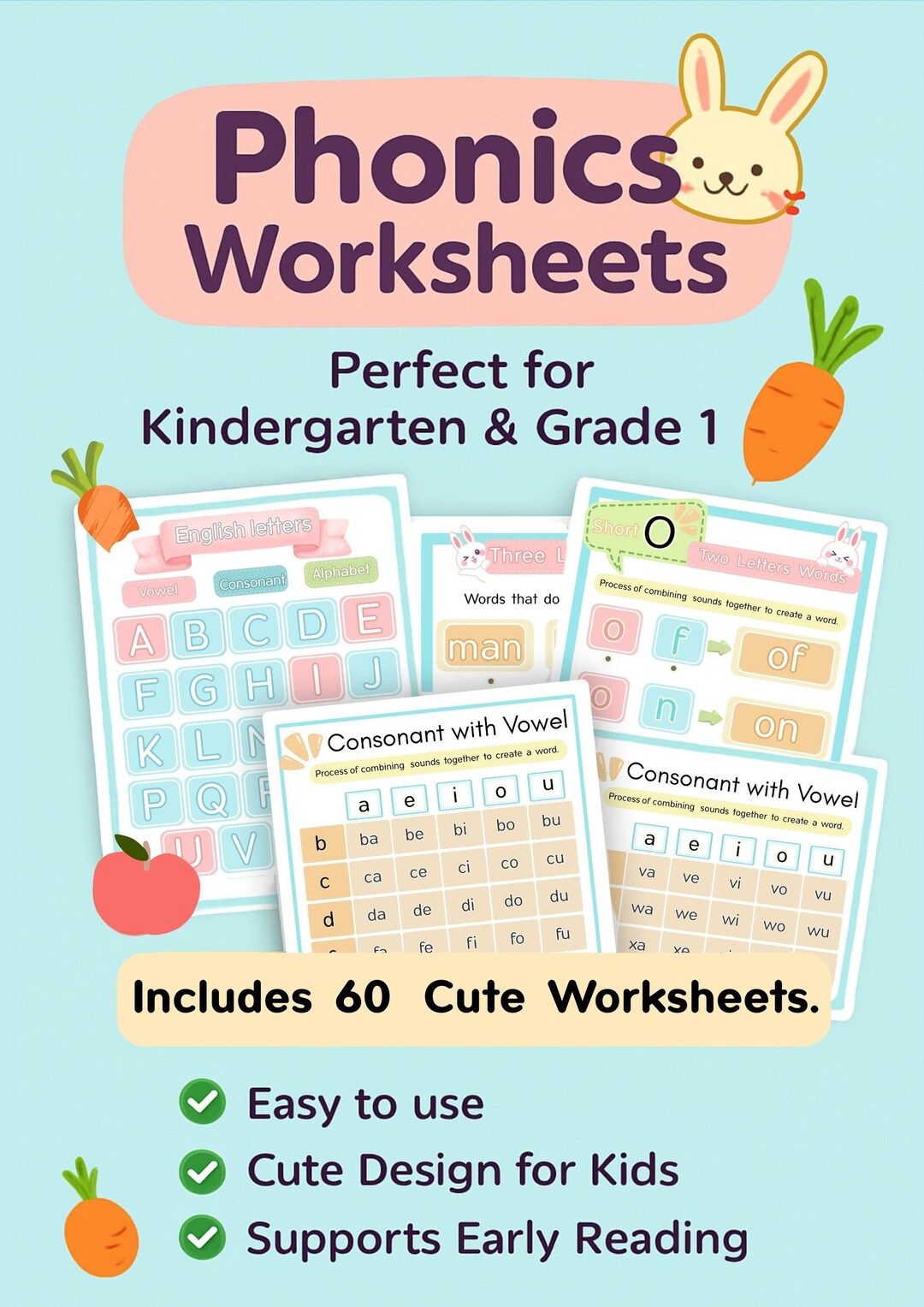 Phonics Worksheets Bundle | 65 Printable Pages | Short Vowels, Reading ...