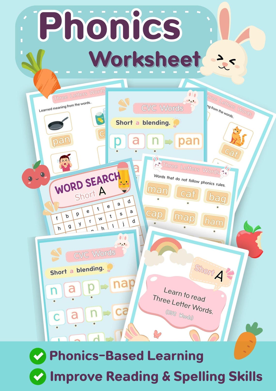 Phonics Worksheets Bundle | 65 Printable Pages | Short Vowels, Reading ...