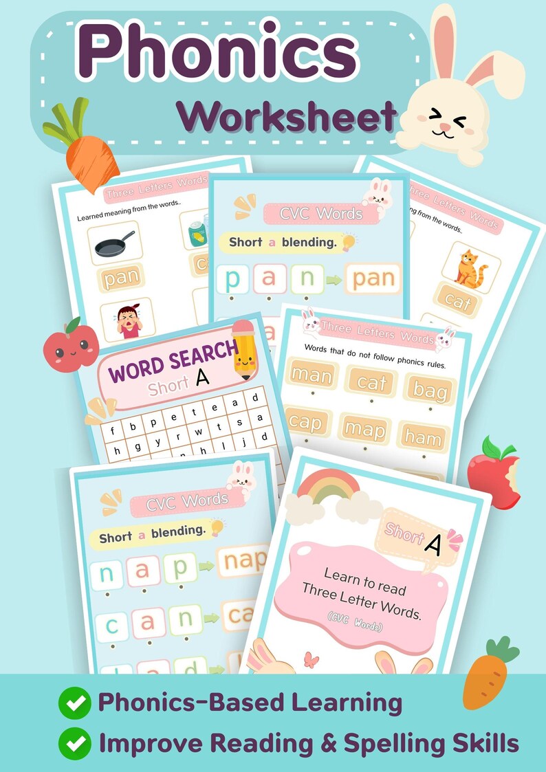 Phonics Worksheets Bundle | 65 Printable Pages | Short Vowels, Reading ...
