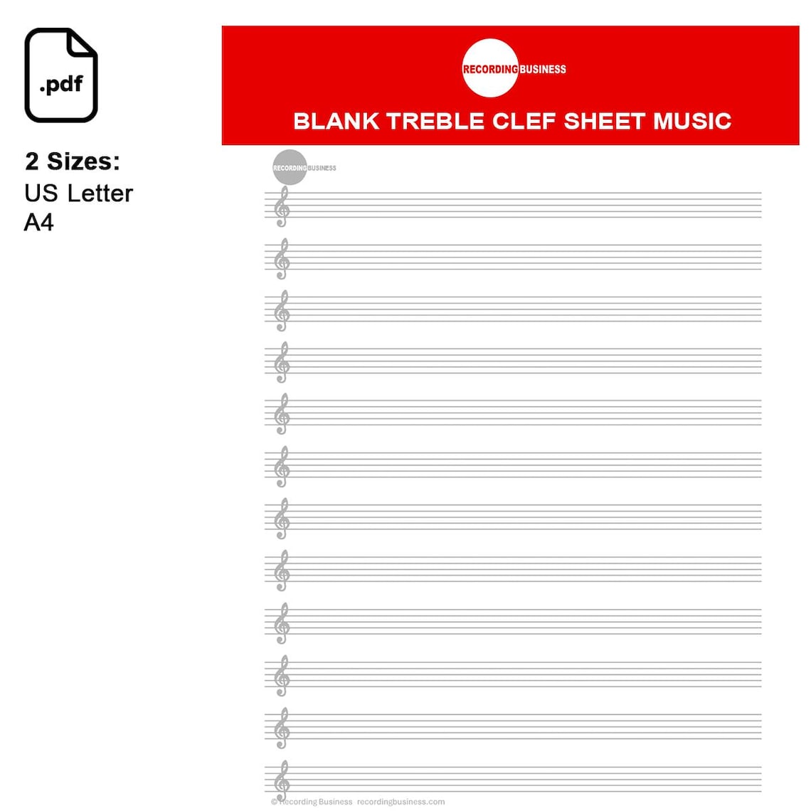 Blank Treble Clef Sheet Music (manuscript Paper) 12-staff Printable PDF ...