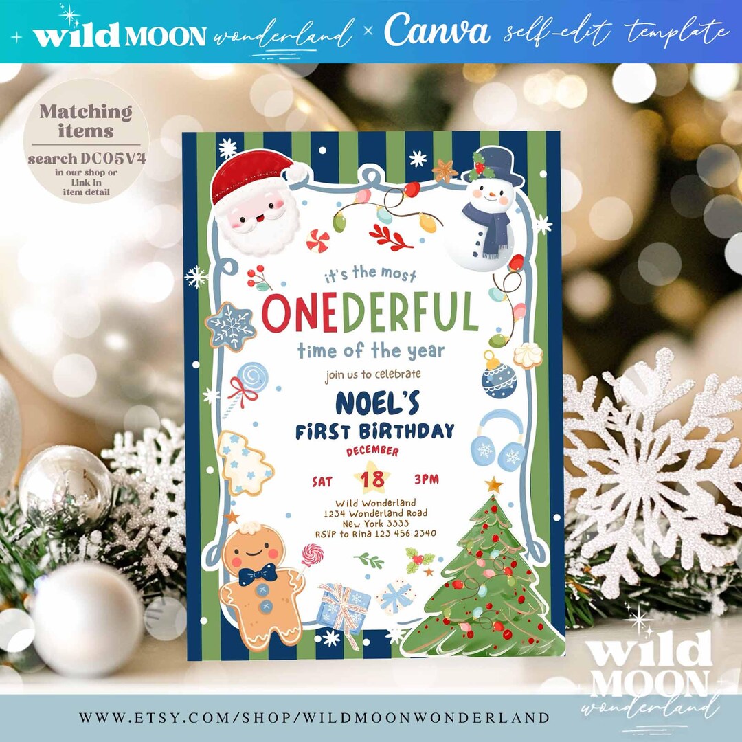 Boy Christmas First Birthday Invitation: Green Blue Boy Holiday ...