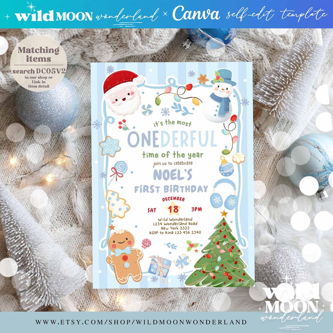 Boy Christmas First Birthday Invitation: Blue Onederful Time Canva ...