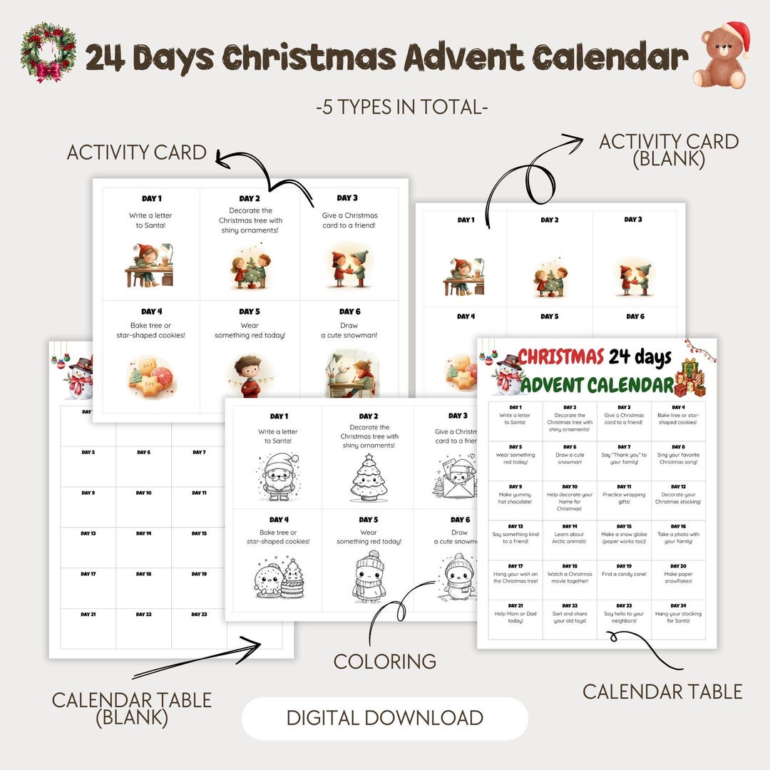 Printable Christmas Advent Calendar | Kids Coloring Activities (PDF) - Etsy