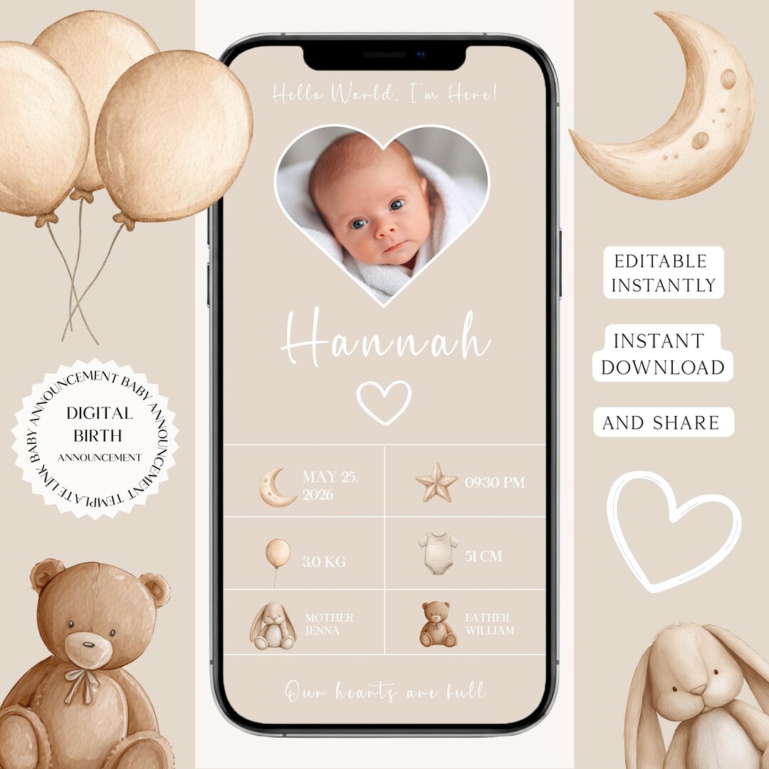 Minimal Beige Baby Birth Announcement Template, Neutral Nordic Digital ...