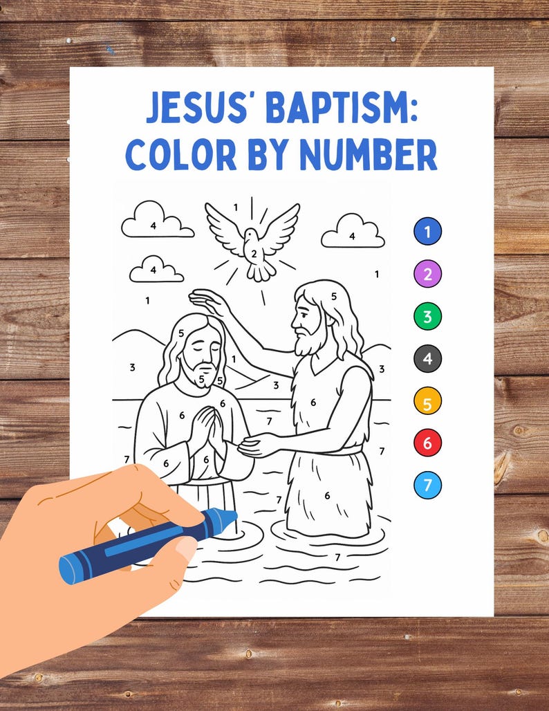 Jesus Baptism Color by Number: Bible Coloring Page (PDF Printable ...