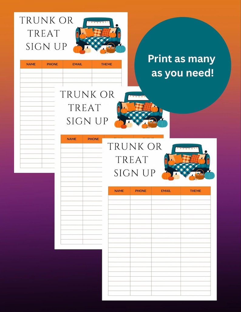 Trunk or Treat Sign up Sheet: Halloween Event Printable (editable PDF ...