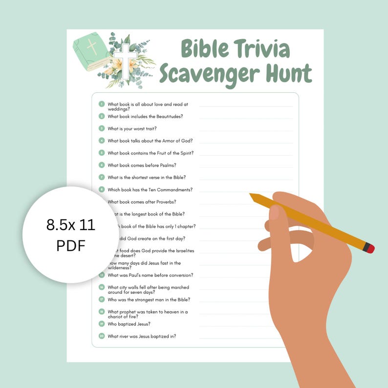 Bible Trivia Scavenger Hunt Game: Printable Sunday School Activity (PDF ...