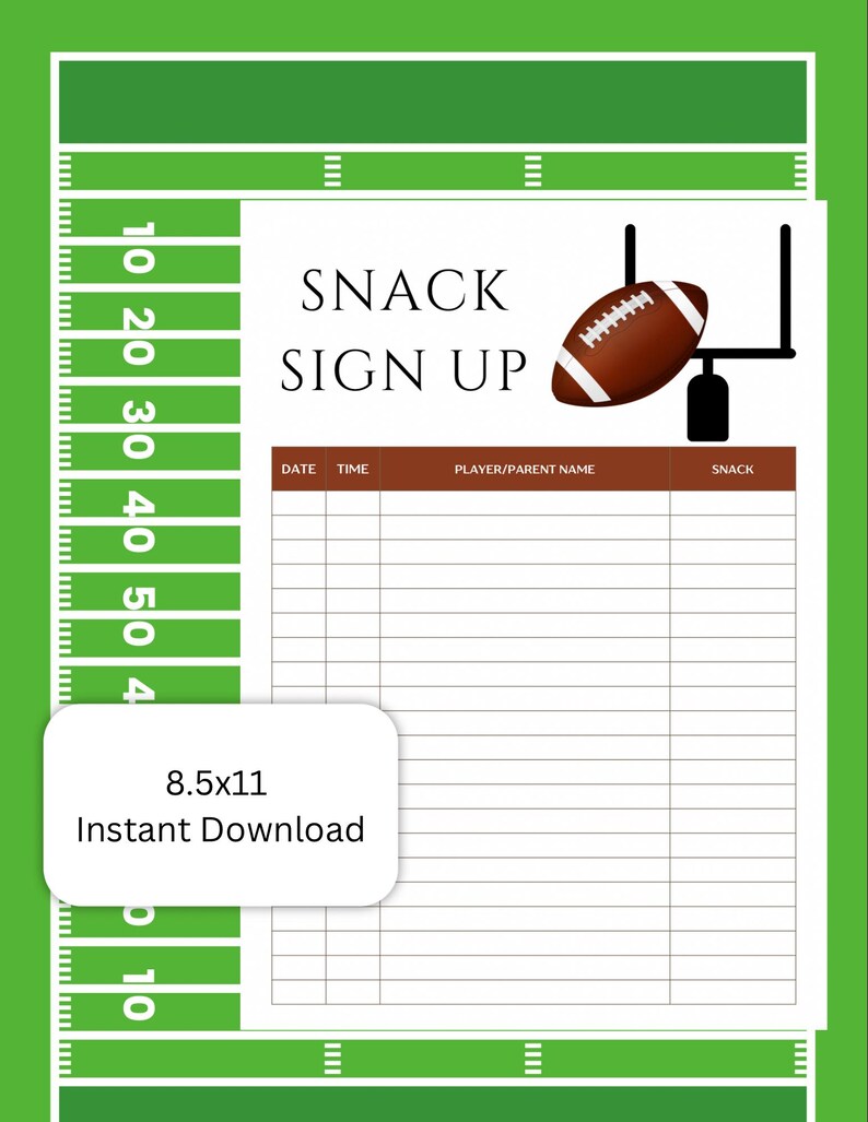 Football Snack Sign-up Sheet PDF – Team Sports Snack Scheduler ...