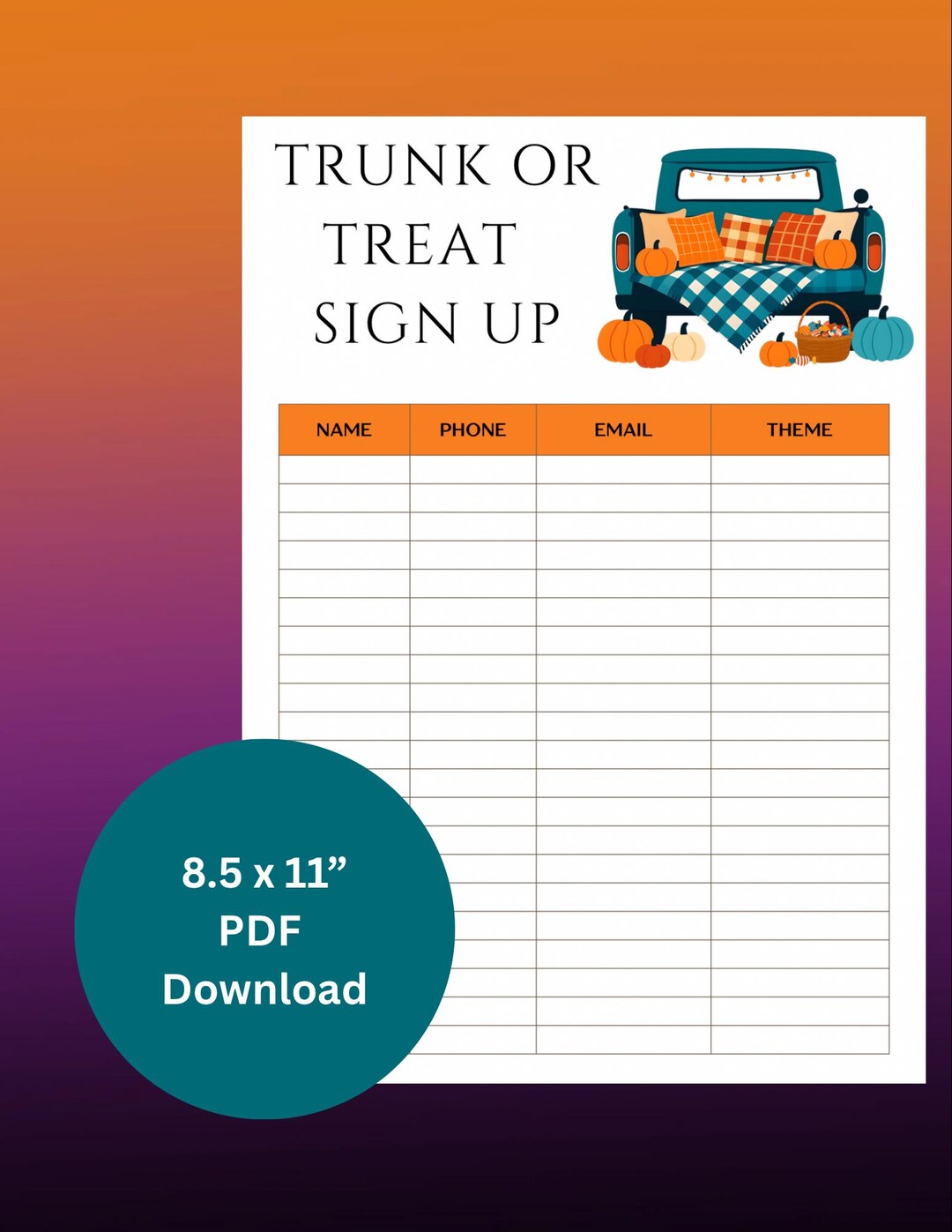 Trunk or Treat Sign up Sheet: Halloween Event Printable (editable PDF ...