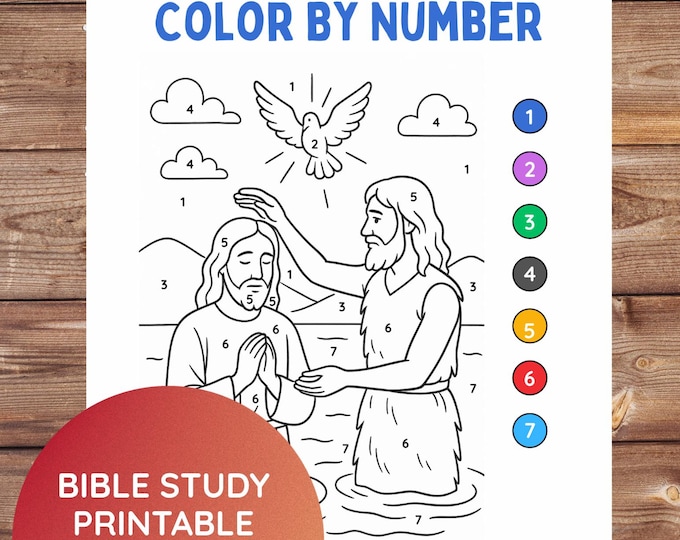 Jesus Baptism Color by Number: Bible Coloring Page (PDF Printable ...