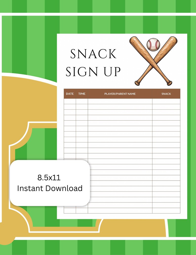 Baseball Snack Sign-up Sheet PDF – Team Sports Snack Scheduler ...