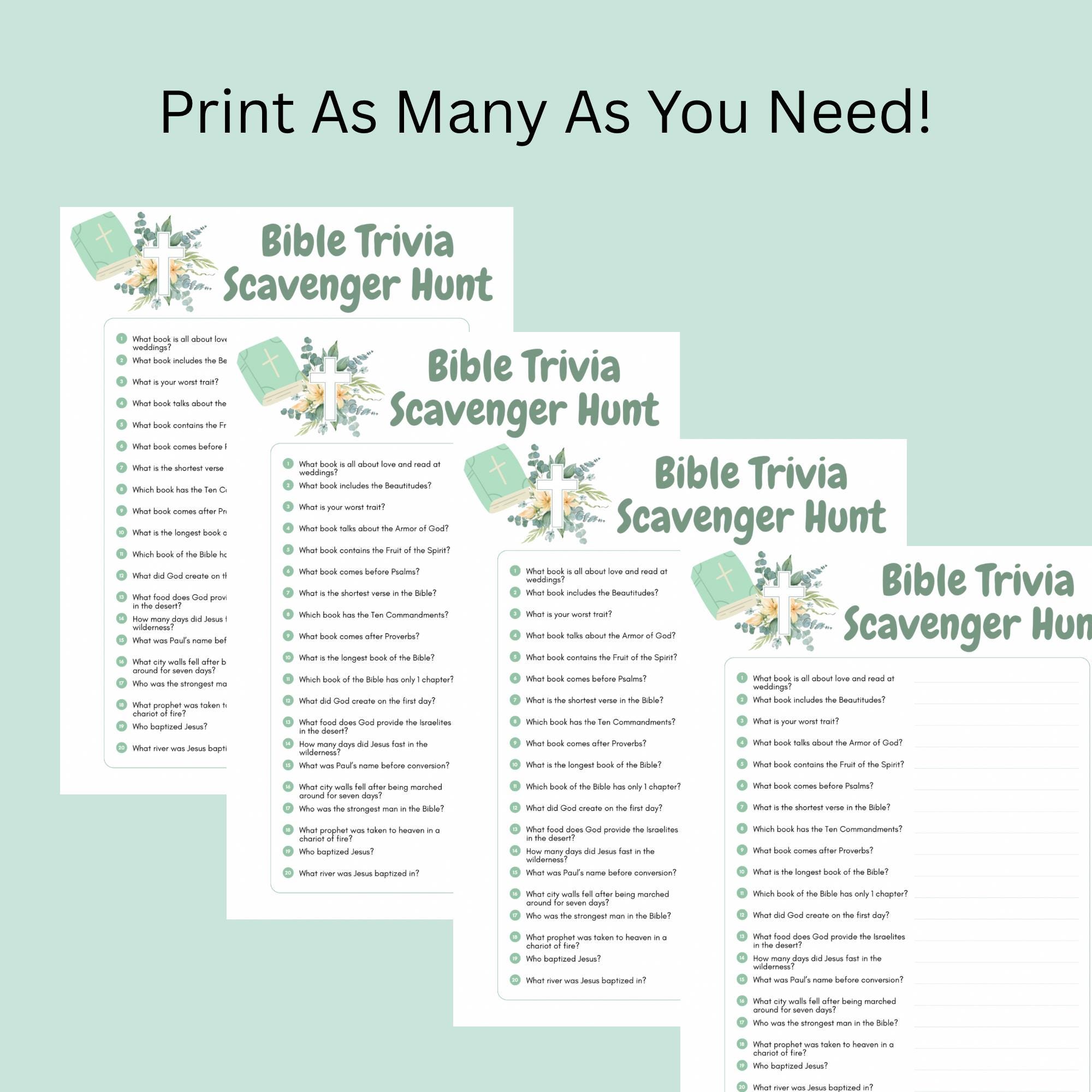 Bible Trivia Scavenger Hunt Game: Printable Sunday School Activity (PDF ...