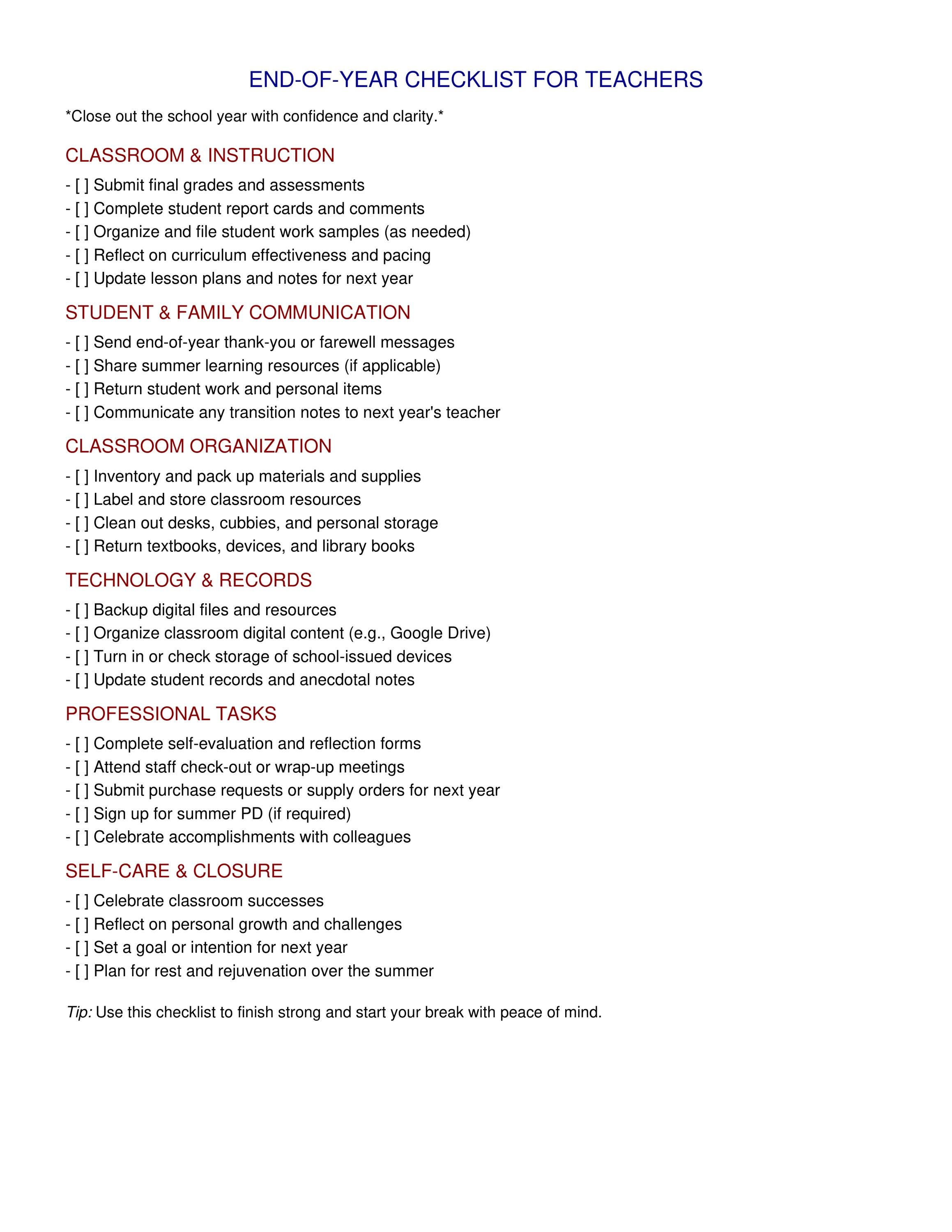 Teacher End of the School Year Checklist - Etsy