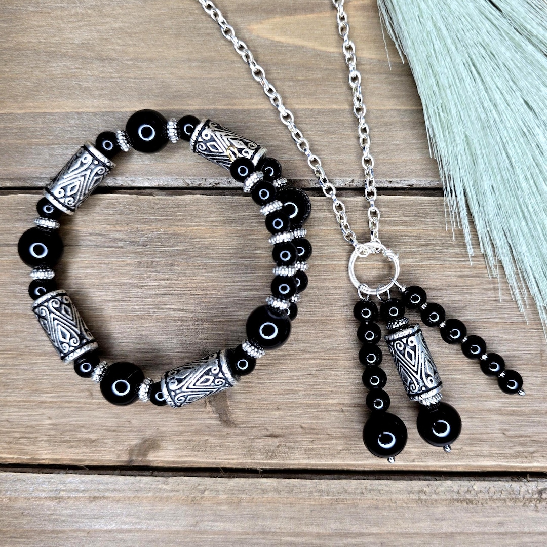 Boho Obsidian & Repurposed Tibetan Metal Jewelry Set: Memory Wire ...
