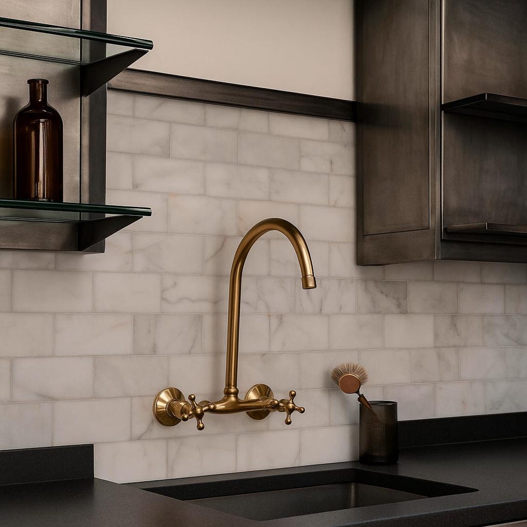 Moroccan Unlacquered Brass Wall-mount Faucet – Handmade Double Handle Bathroom Sink Tap With ...