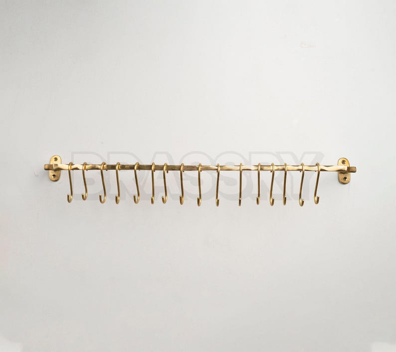 Unlacquered Solid Brass Pot Rail With Hooks, Vintage Pot Hangers for ...