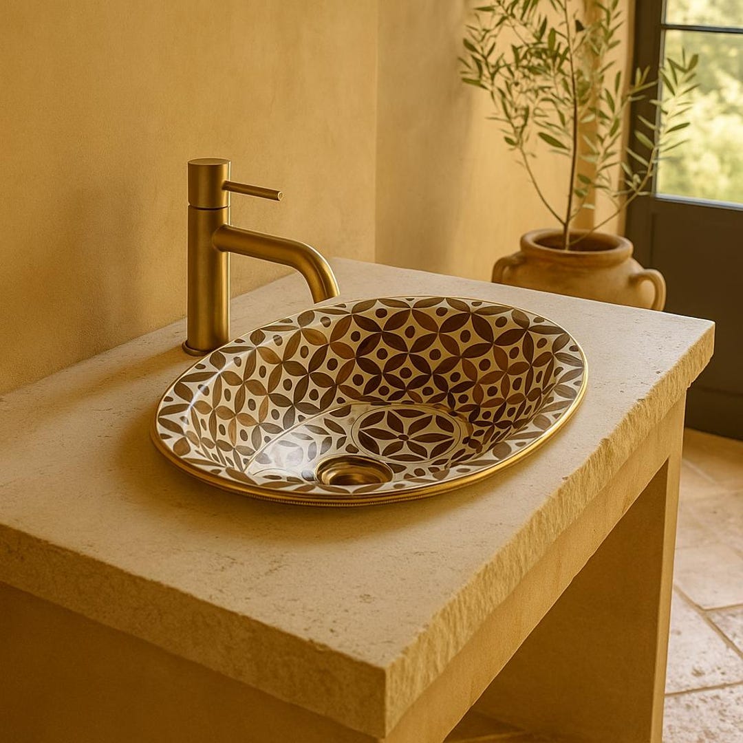 Handmade Brass Inlay Bathroom Sink, Copper Vessel Sink With Bone & Wood ...