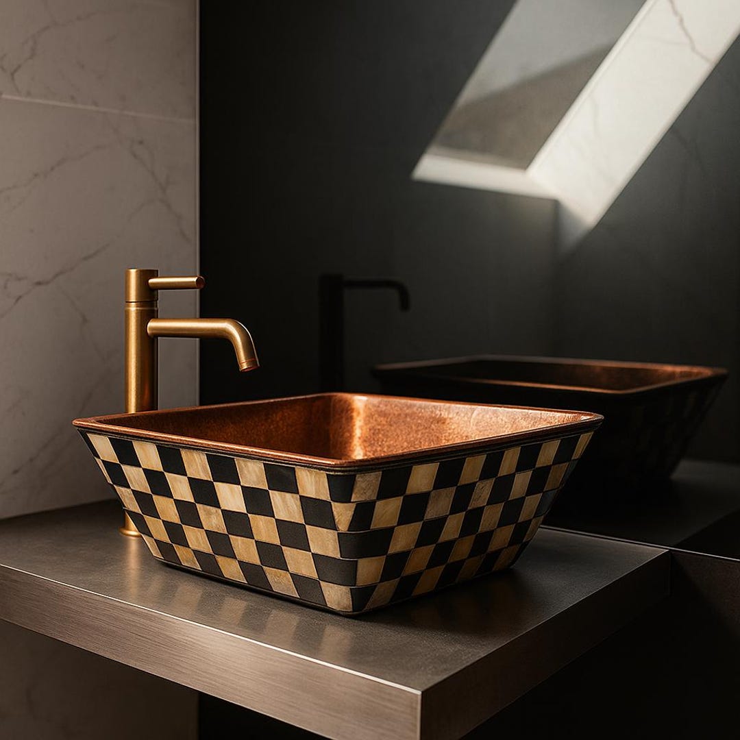 Square Copper Vessel Sink With Checkered Bone and Resin Exterior ...