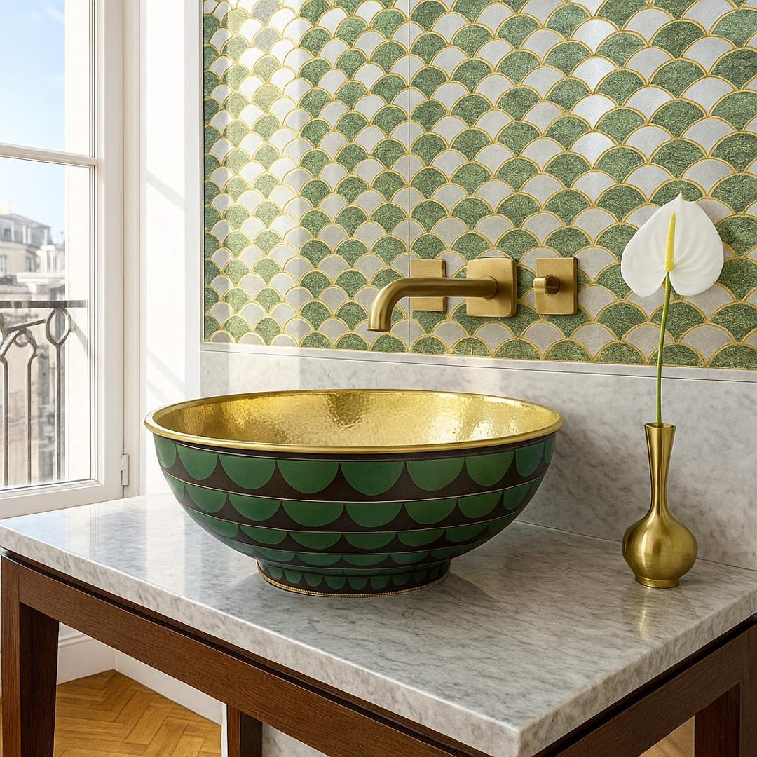 Handmade Brass Vessel Sink, Emerald Green Exterior Hammered Gold Sink ...