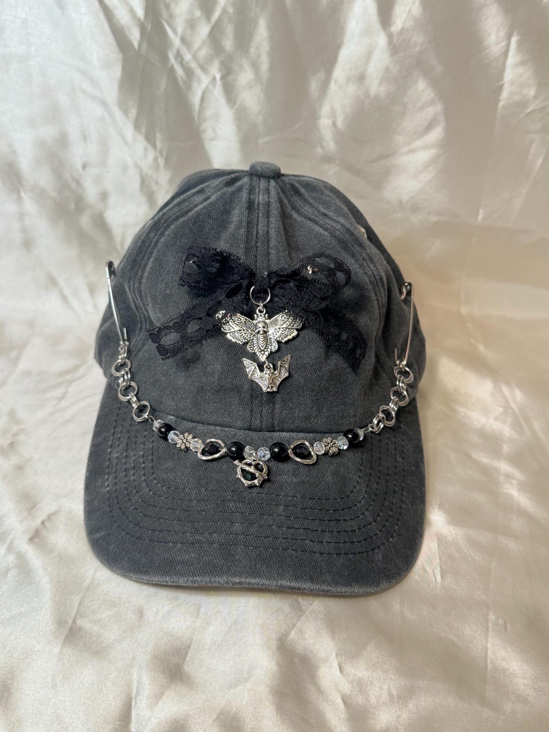 Upcycled Baseball Cap, Black Lace Bow, Death Moth Charm, Beaded Chain ...