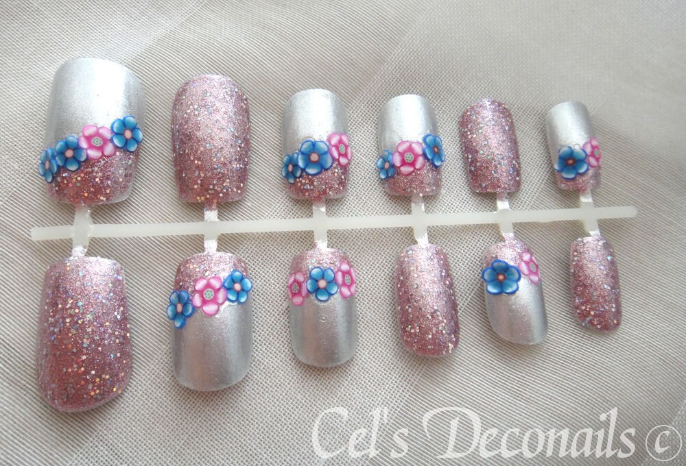 Spring Flowers Nail Art Set, Handpainted Nails, Glitter False Nail Set ...
