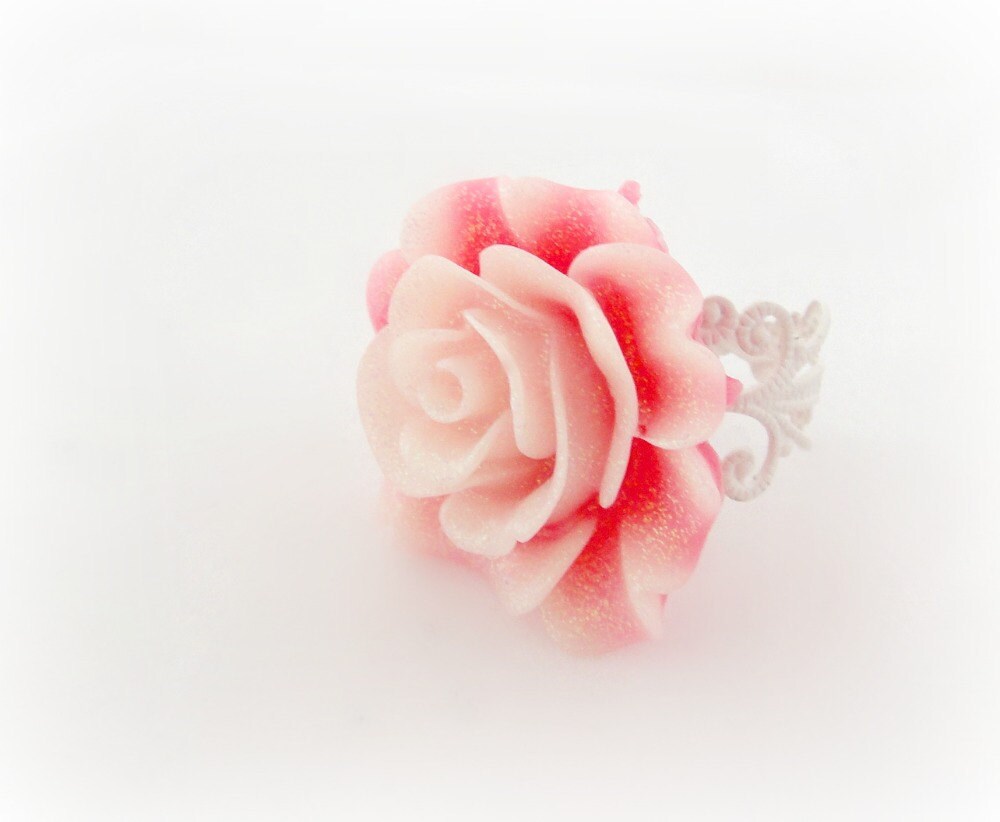 Pink Rose Ring, Pink Flower Adjustable Filigree Ring, Kawaii Jewelry ...