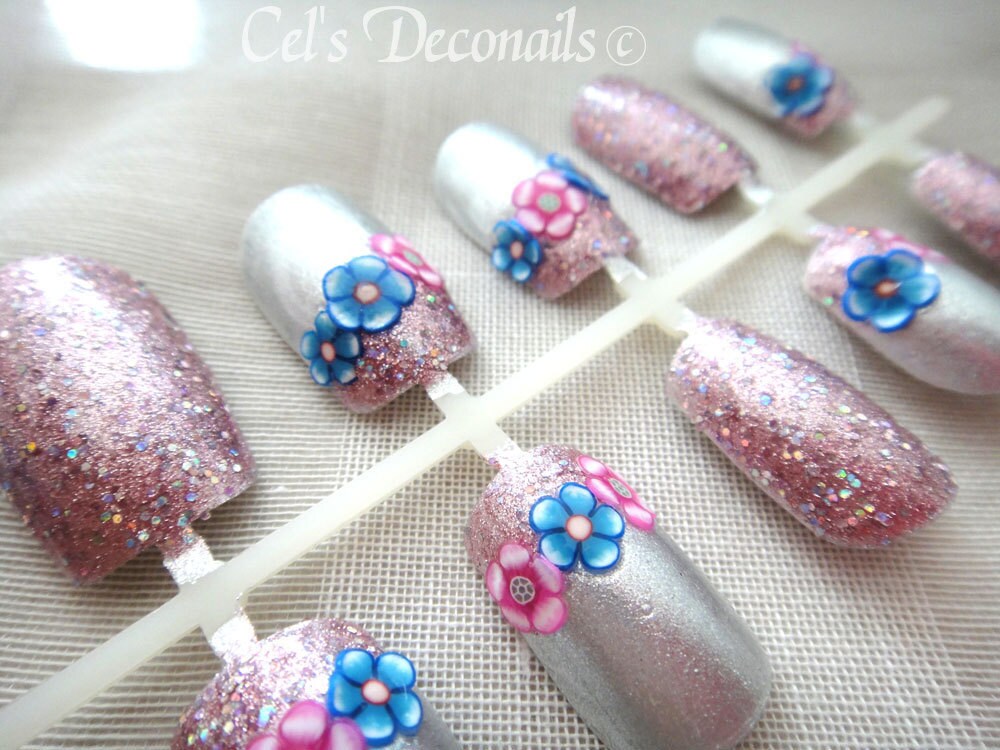 Spring Flowers Nail Art Set, Handpainted Nails, Glitter False Nail Set ...