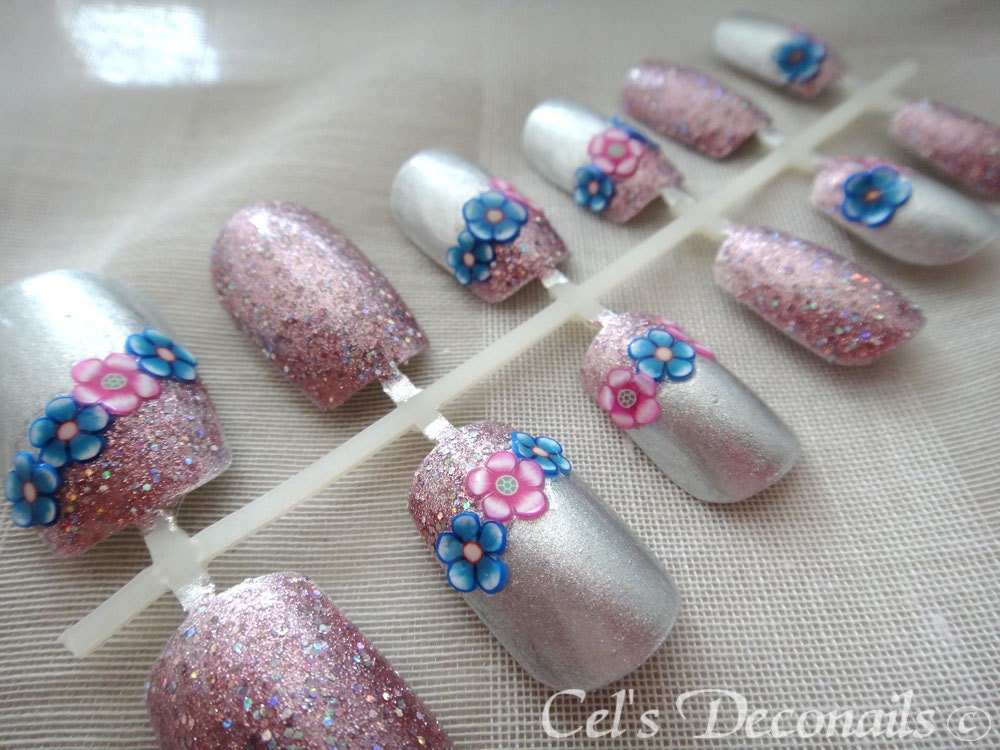 Spring Flowers Nail Art Set, Handpainted Nails, Glitter False Nail Set ...