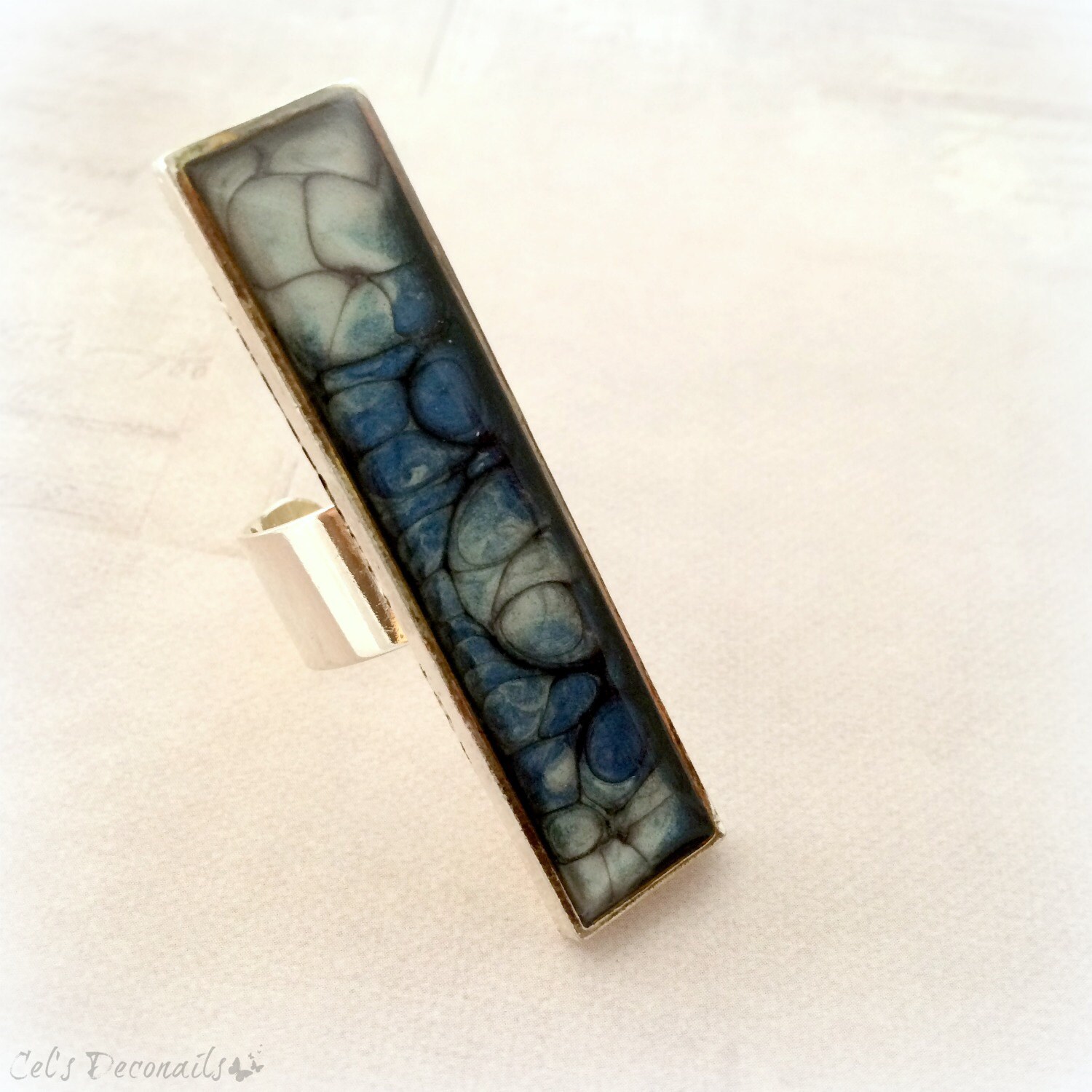 Silver Blue Statement Ring, Long Resin Ring, Dark Ocean Blue Jewelry - Etsy