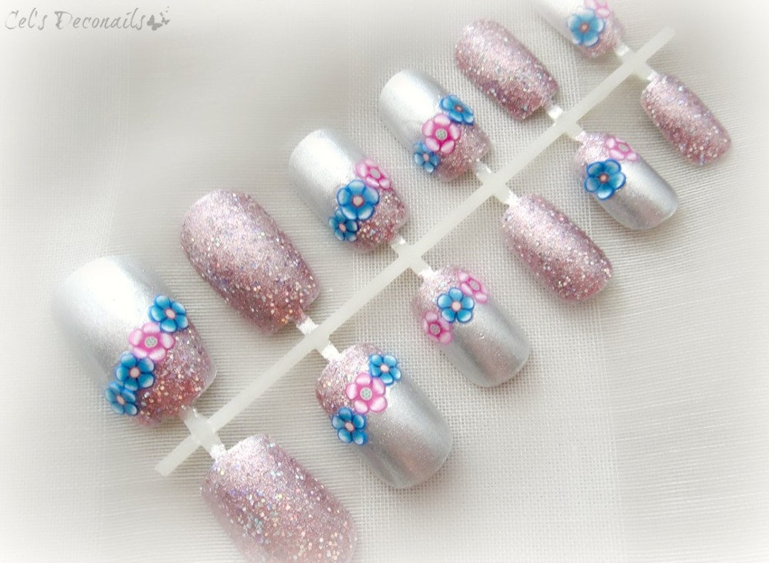 Spring Flowers Nail Art Set, Handpainted Nails, Glitter False Nail Set ...
