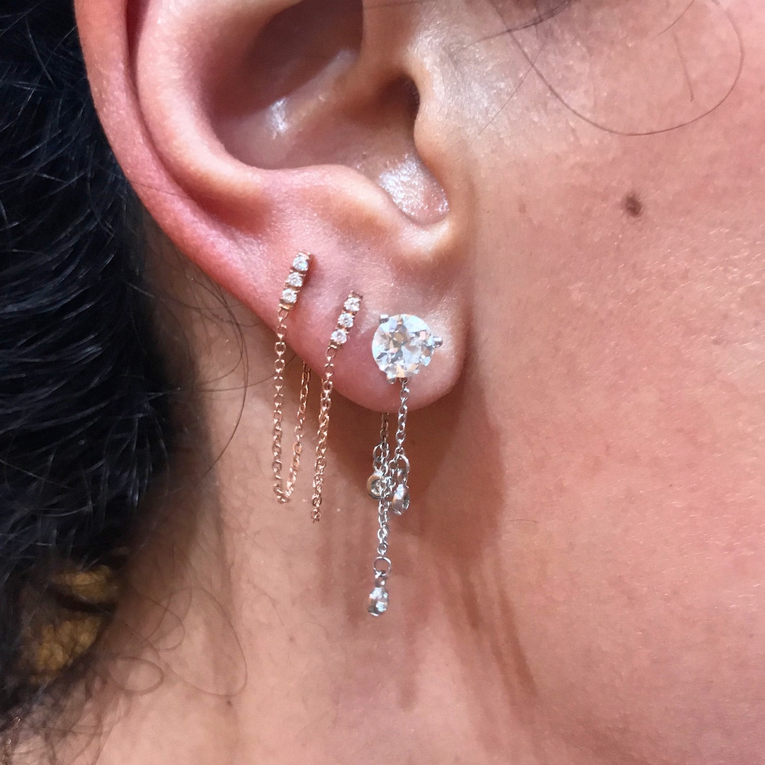 Diamond 14K Solid Gold XS Bar Dangle Chain Stud Earring (dainty Pavé ...