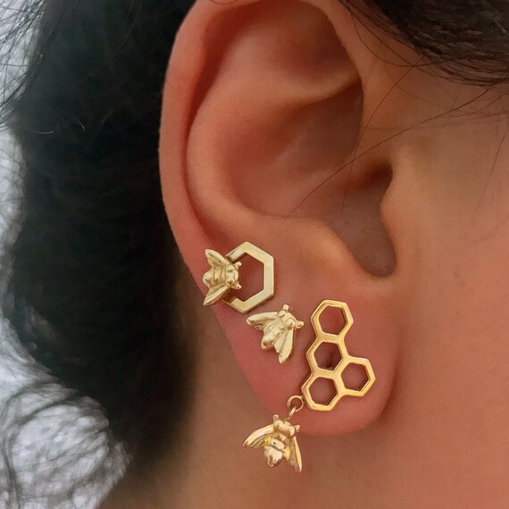 14K Solid Gold Honeycomb Bumblebee Stud Earrings dangle Charm | Etsy