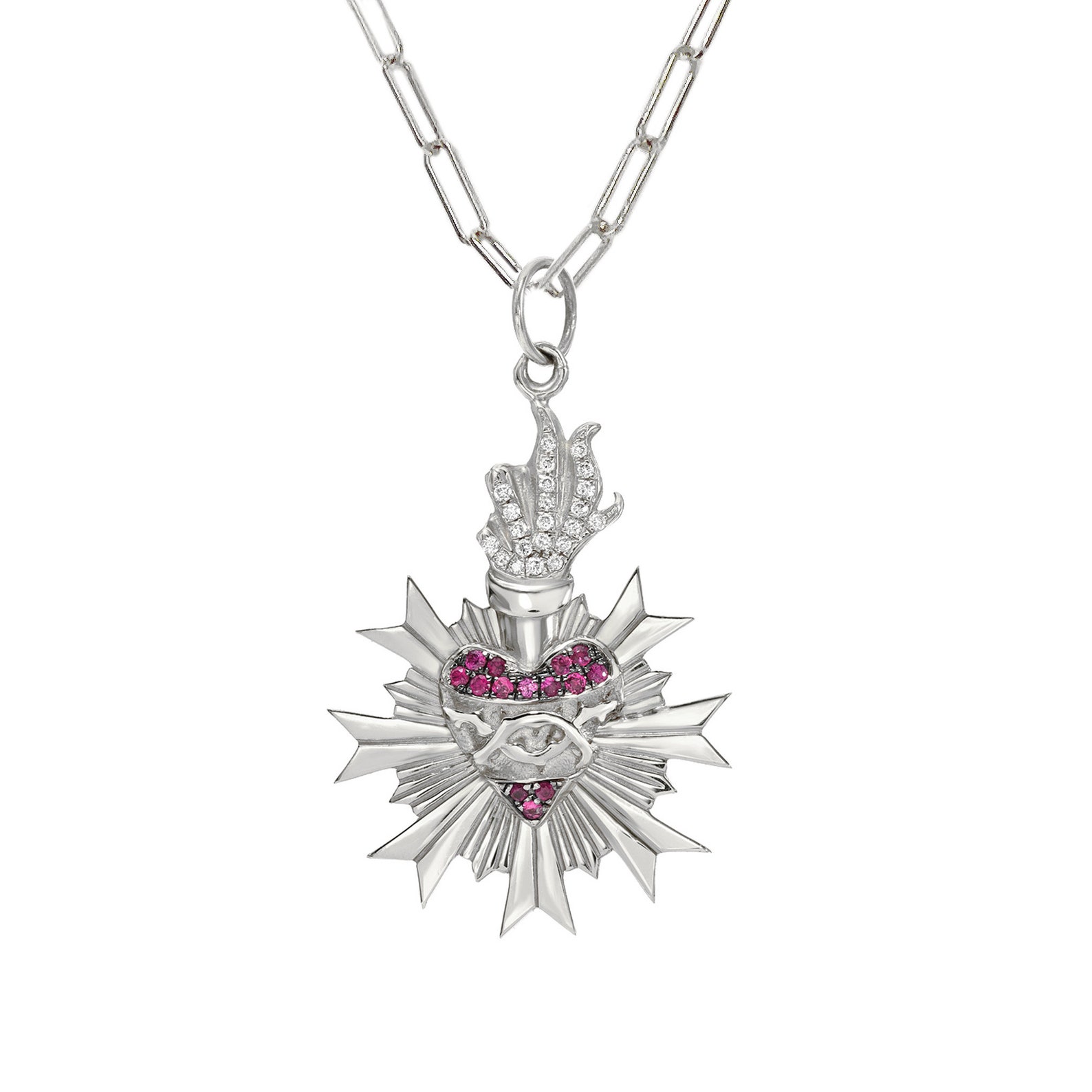 Flaming Sacred Heart 14K Solid Gold Necklace Fluted Charm (sacred Heart ...