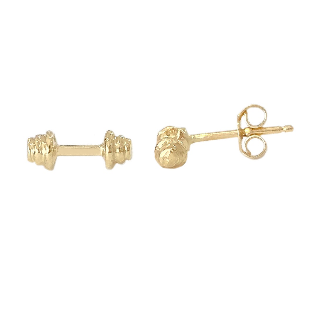 Dumbbell Stud 14K Solid Gold Earrings: Tiny Fitness Jewelry Unisex ...