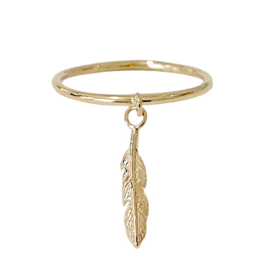 14K Solid Gold Feather Charm Ring: Dangle Stacking Band in Real 14K ...